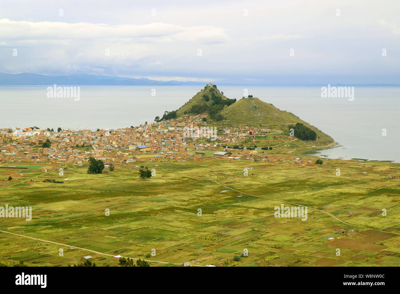 Stunning Aerial View of Copacabana City on the Titicaca Lake Shore ...