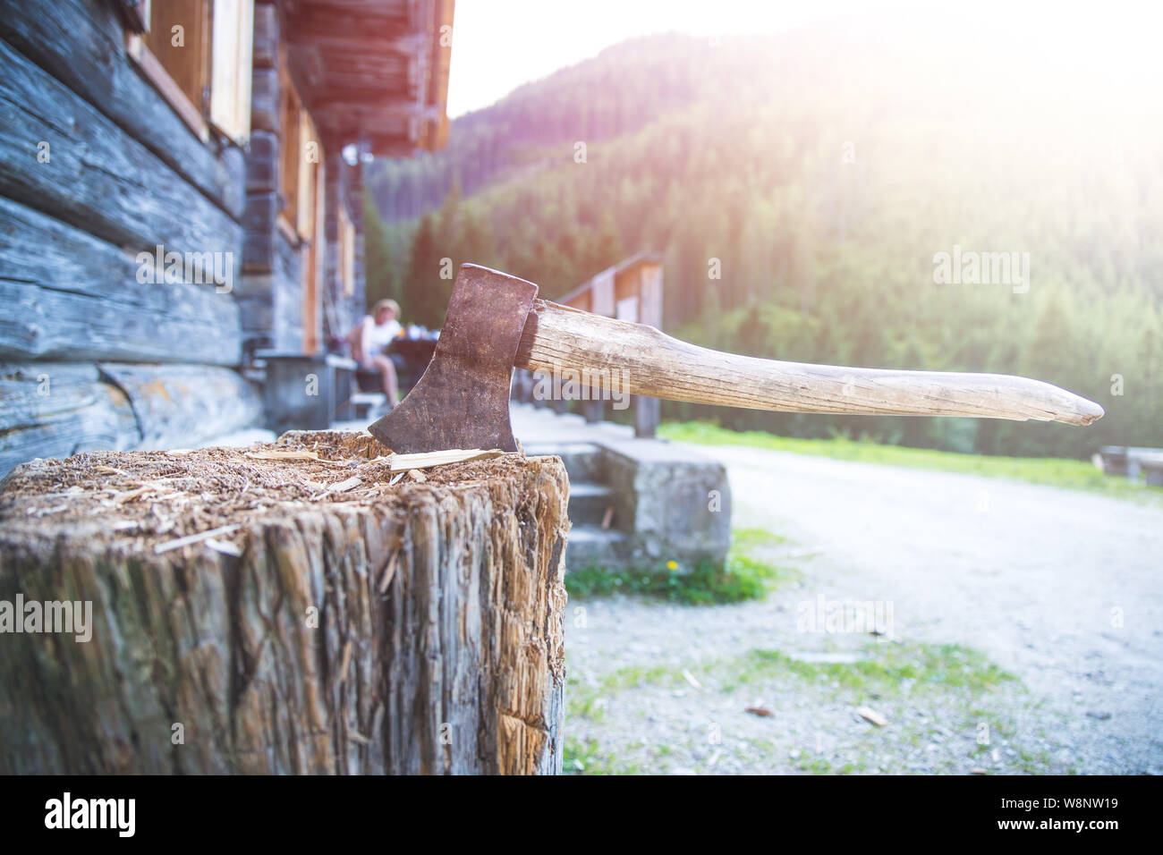 Old axe attached to a tree trunk, alpine hut Stock Photo - Alamy