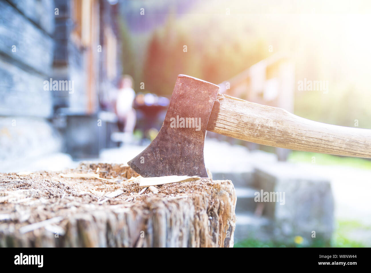 Old axe attached to a tree trunk, alpine hut Stock Photo - Alamy
