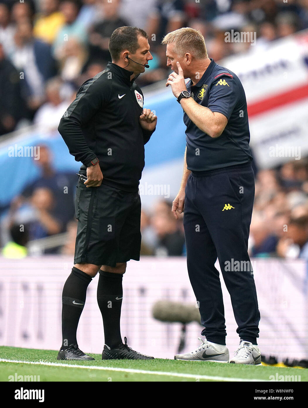 Match referee Chris Kavanagh (left) exchanges words with Aston Villa ...