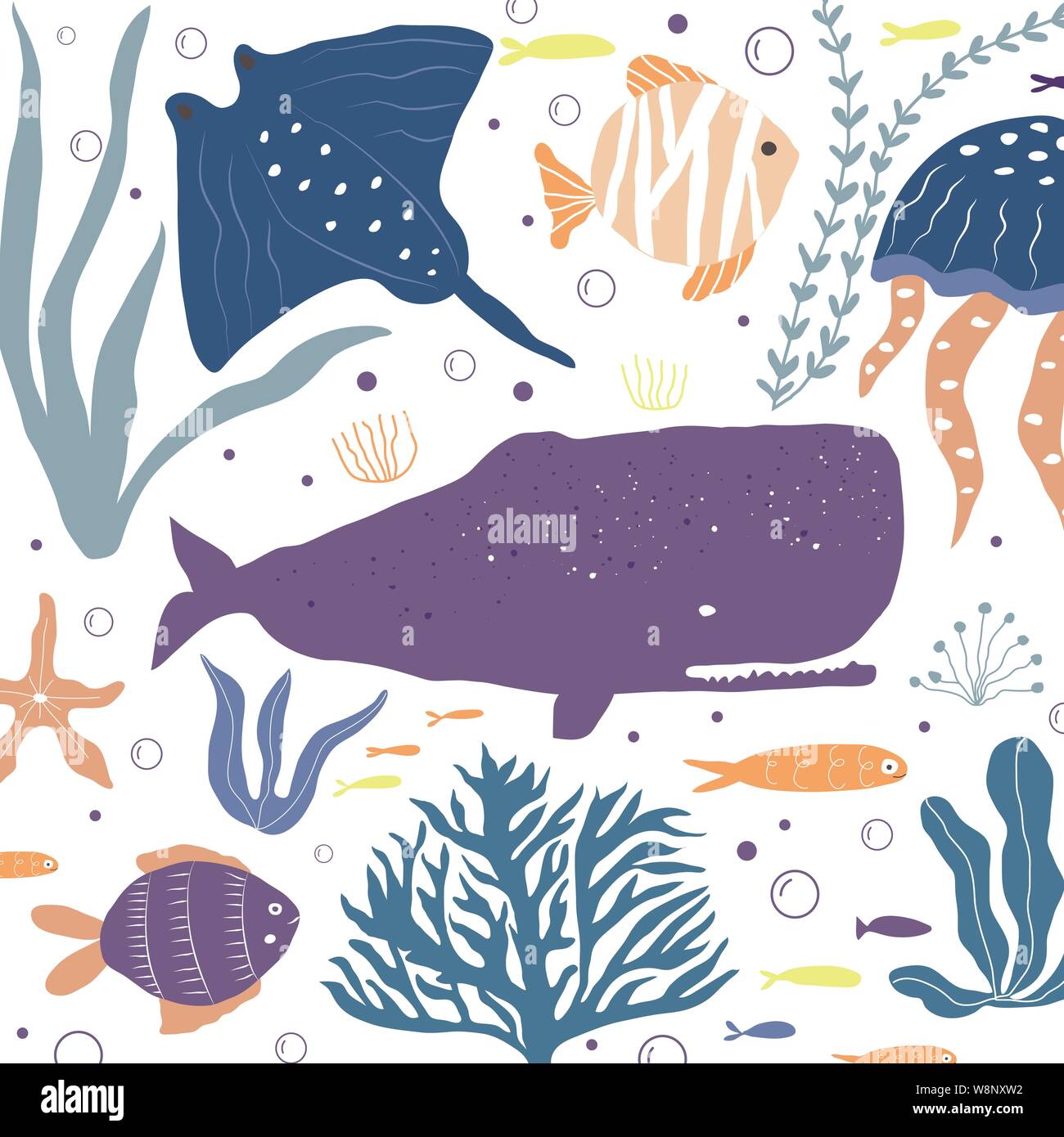 Underwater creatures octopus, whale, fish, jellyfish, clownfish ...