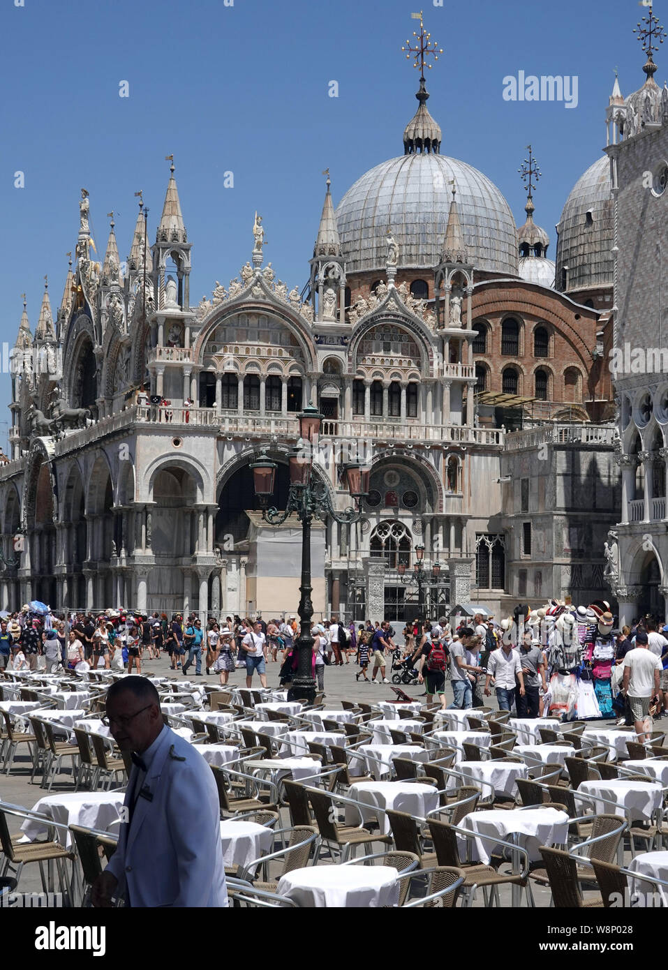 18 June 2019, Italy, Venedig: Empty tables in the restaurants in Piazza ...