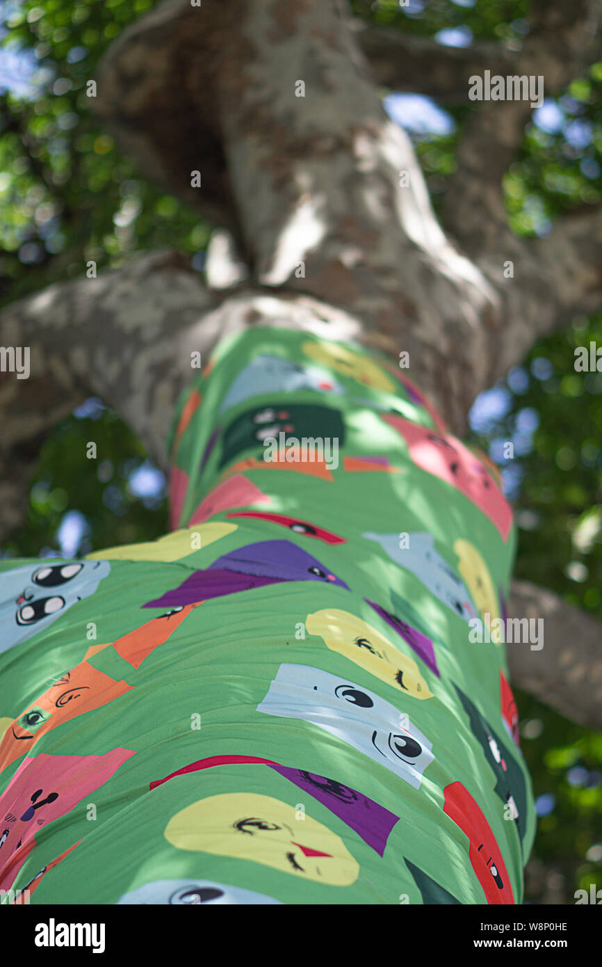Tree trunk covered with different coloured and shaped faces at the ...