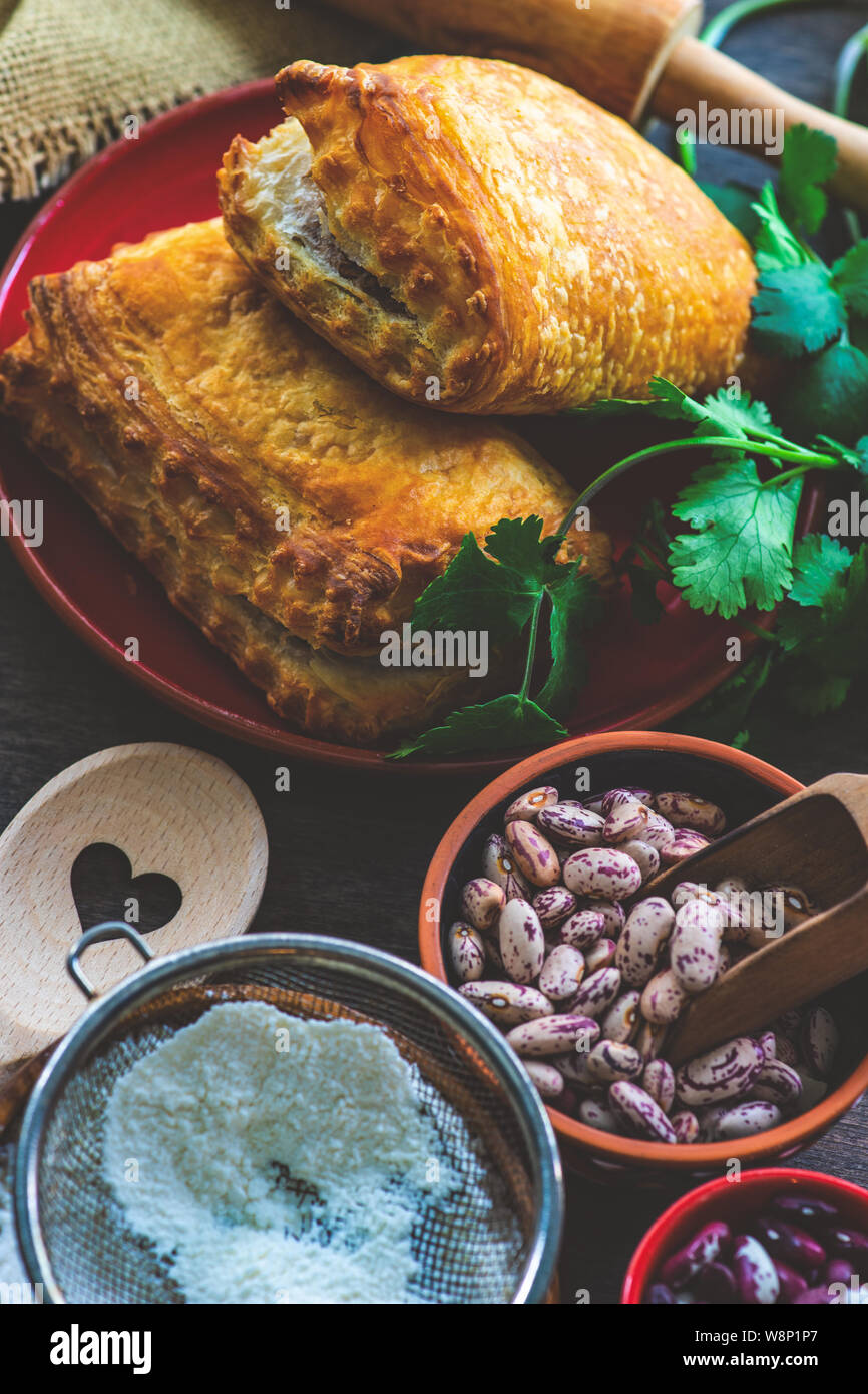 Traditional georgian lobiani pie with beans and herbs on rustic ...
