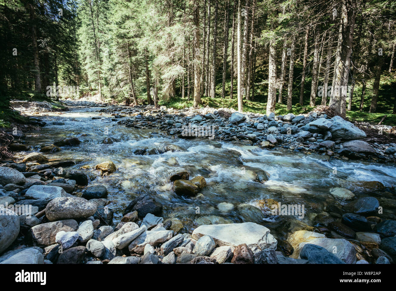 Beautiful river and forest landscape in the Alps, Austria Stock Photo ...