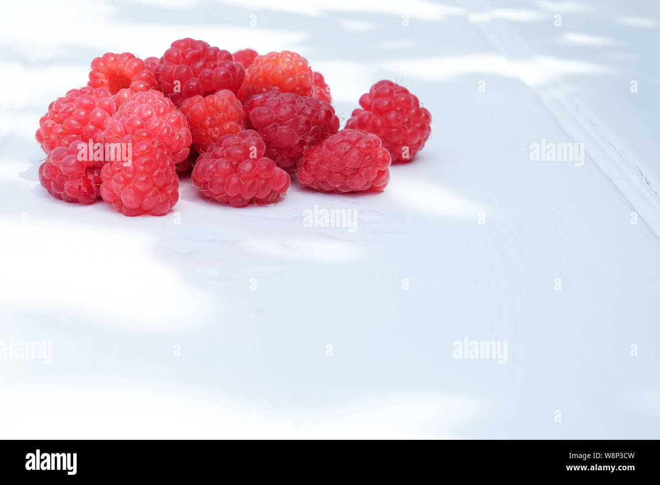 fresh red raspberries isolated on a white background with shadows on it ...