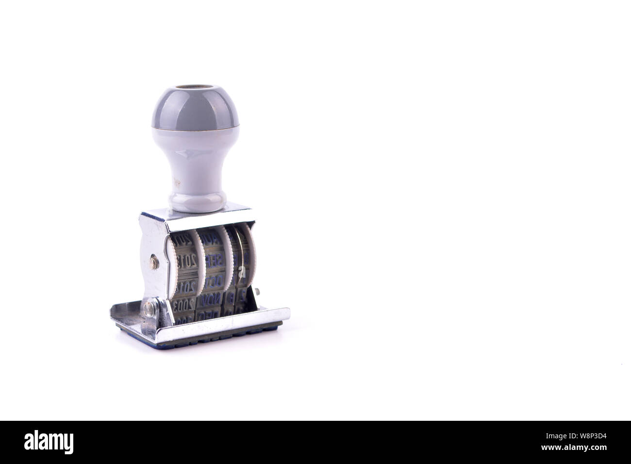 Date months years stamper isolated on white background Stock Photo - Alamy