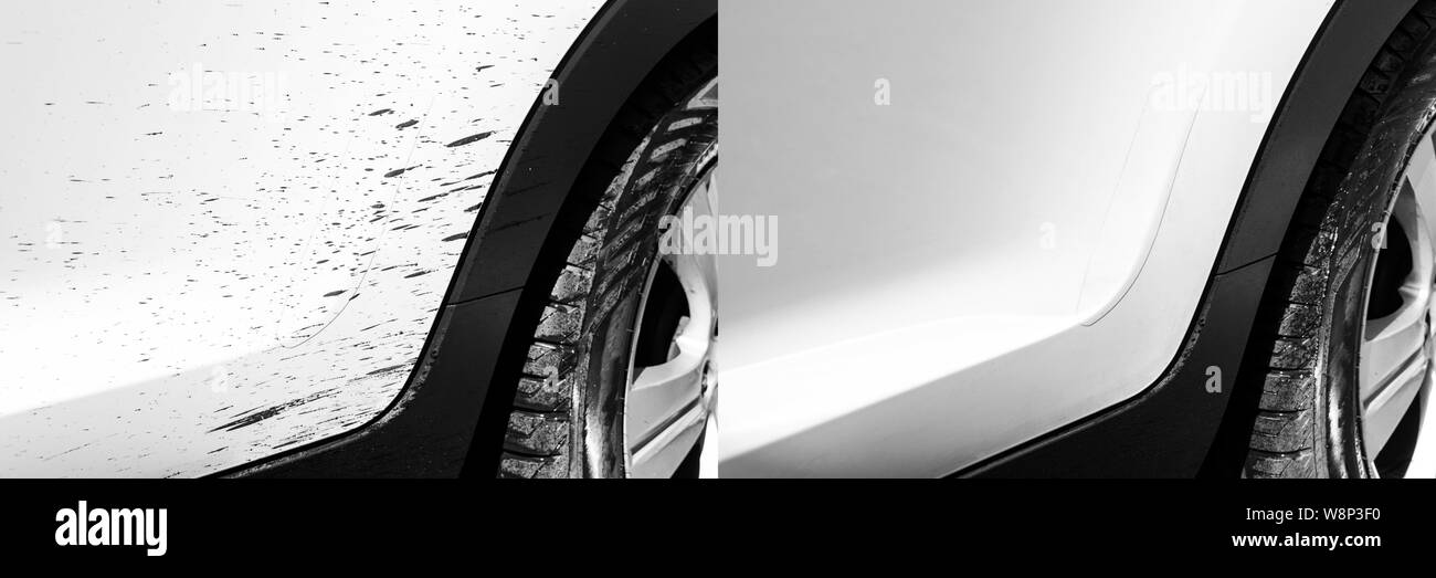 Washing car bitumen stain. Car wash service before and after washing ...