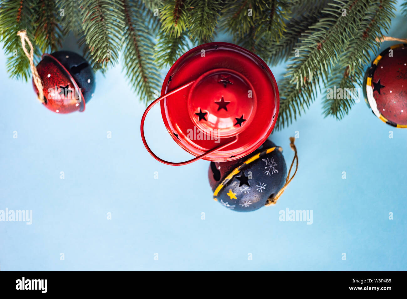 Christmas festive frame concept on blue background with copy space ...