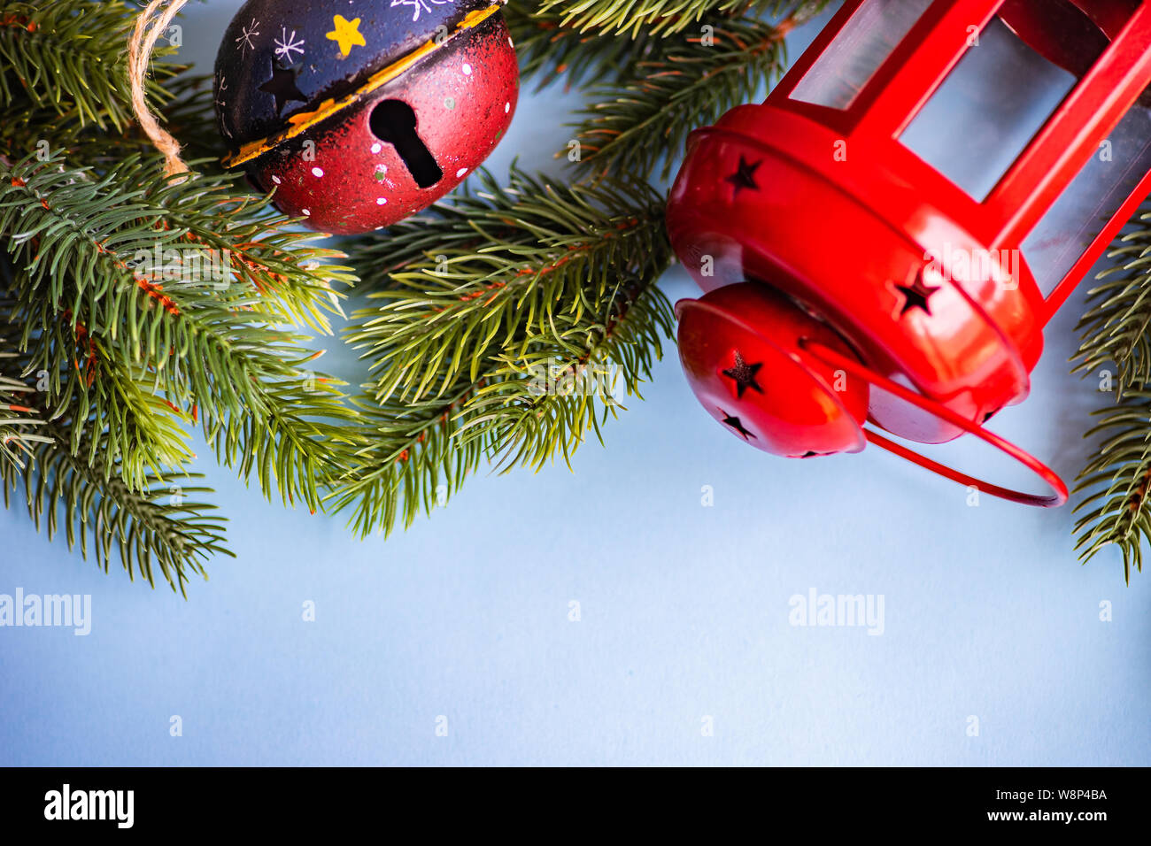 Christmas festive frame concept on blue background with copy space ...