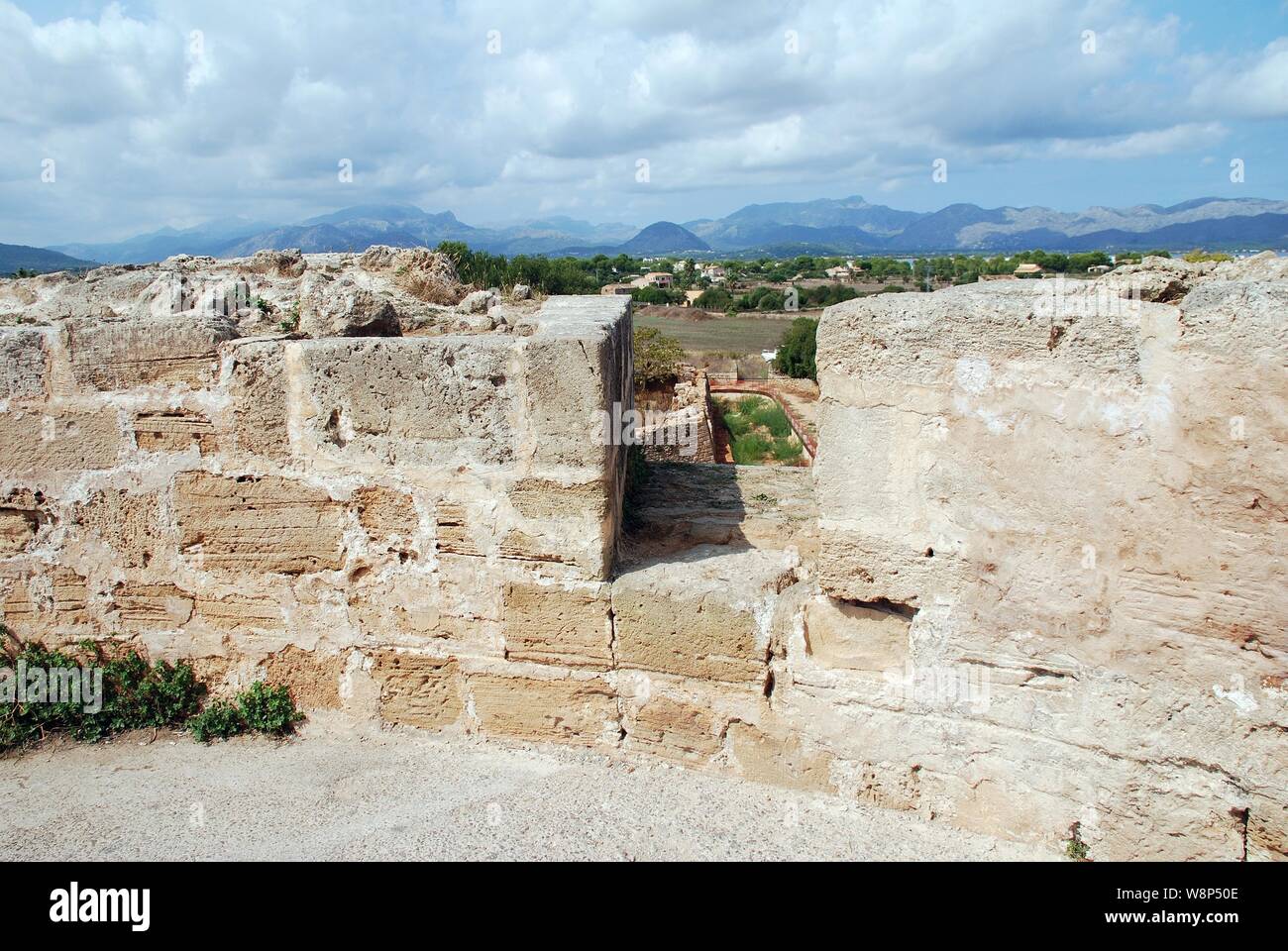 The walkway on top of the medieval town wall at Alcudia on the Spanish ...