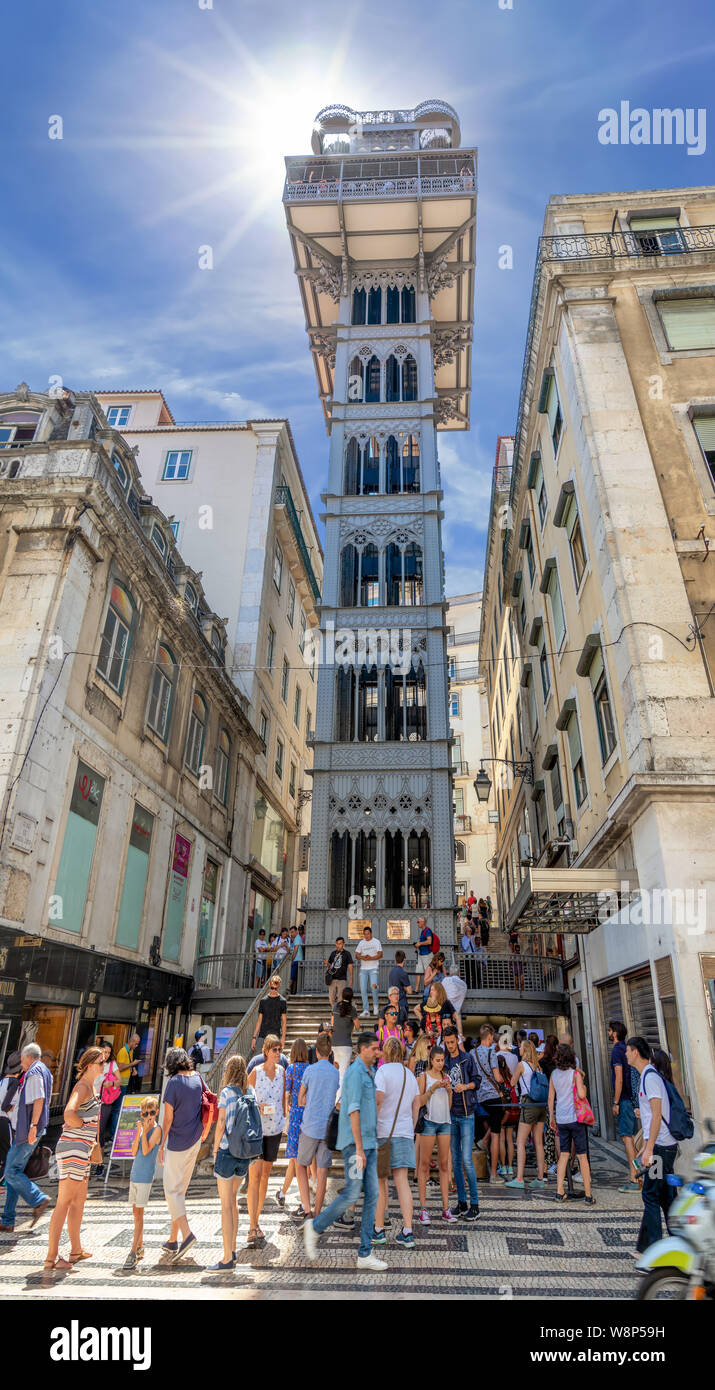 View of the historic elevator of Lisbon in Portugal. The Santa Justa ...