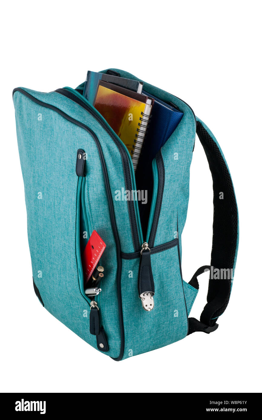 Blue backpack isolated on white background Stock Photo - Alamy