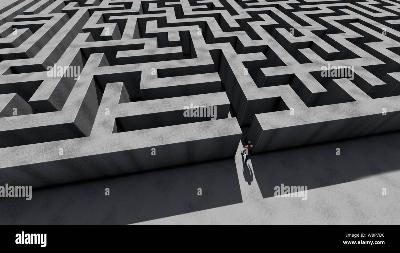 Man walking into big labyrinth 3D rendering Stock Photo - Alamy