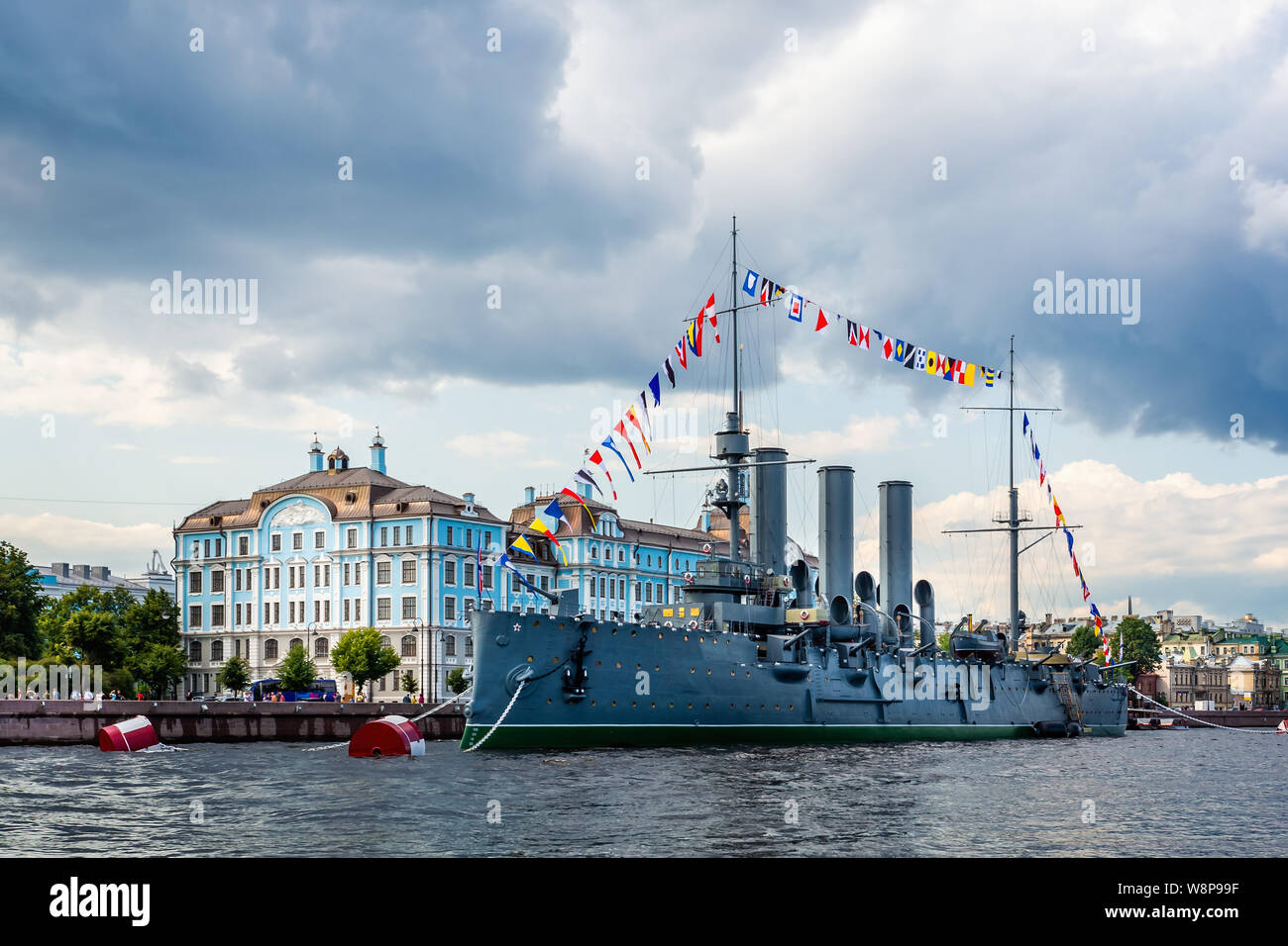 The Russian Cruiser Aurora festooned with flags on the River Neva in St ...