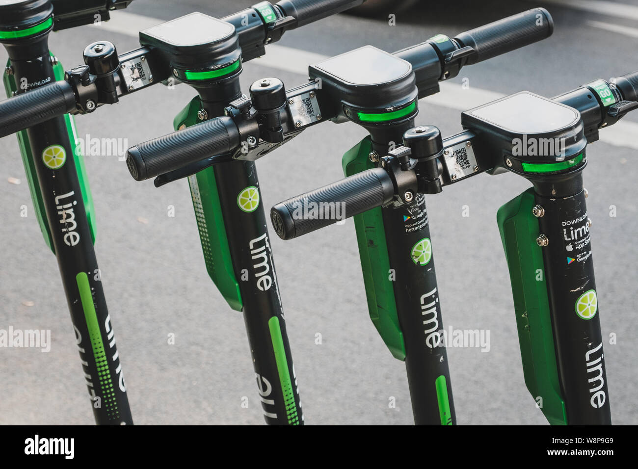 Berlin, Germany - June, 2019: Row of parked electric E scooters ...