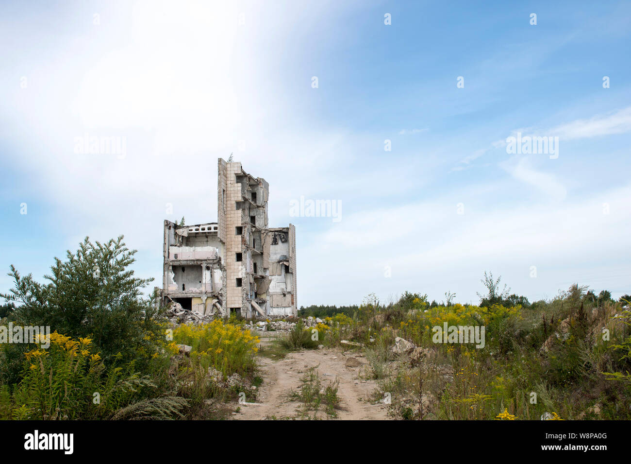 The remains of the structure of a large destroyed building with ...
