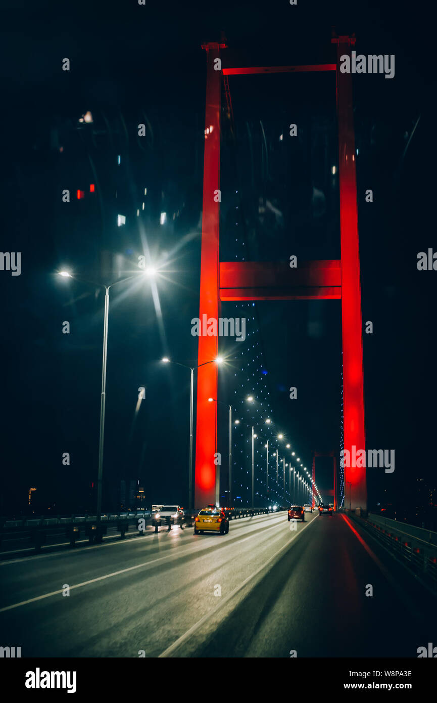 The night view of Bosphorus Bridge in Istanbul, Fatih Sultan Mehmet ...