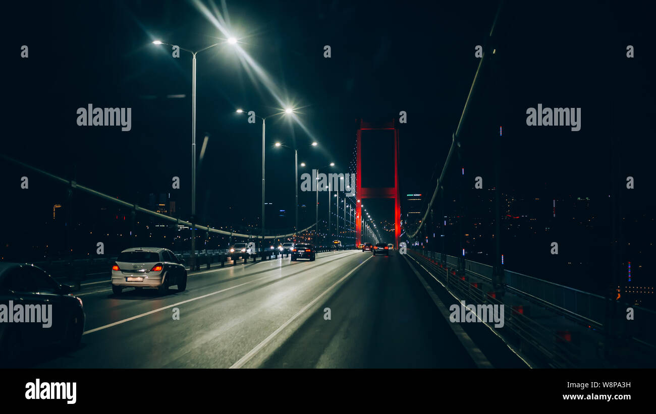 The night view of Bosphorus Bridge in Istanbul, Fatih Sultan Mehmet ...