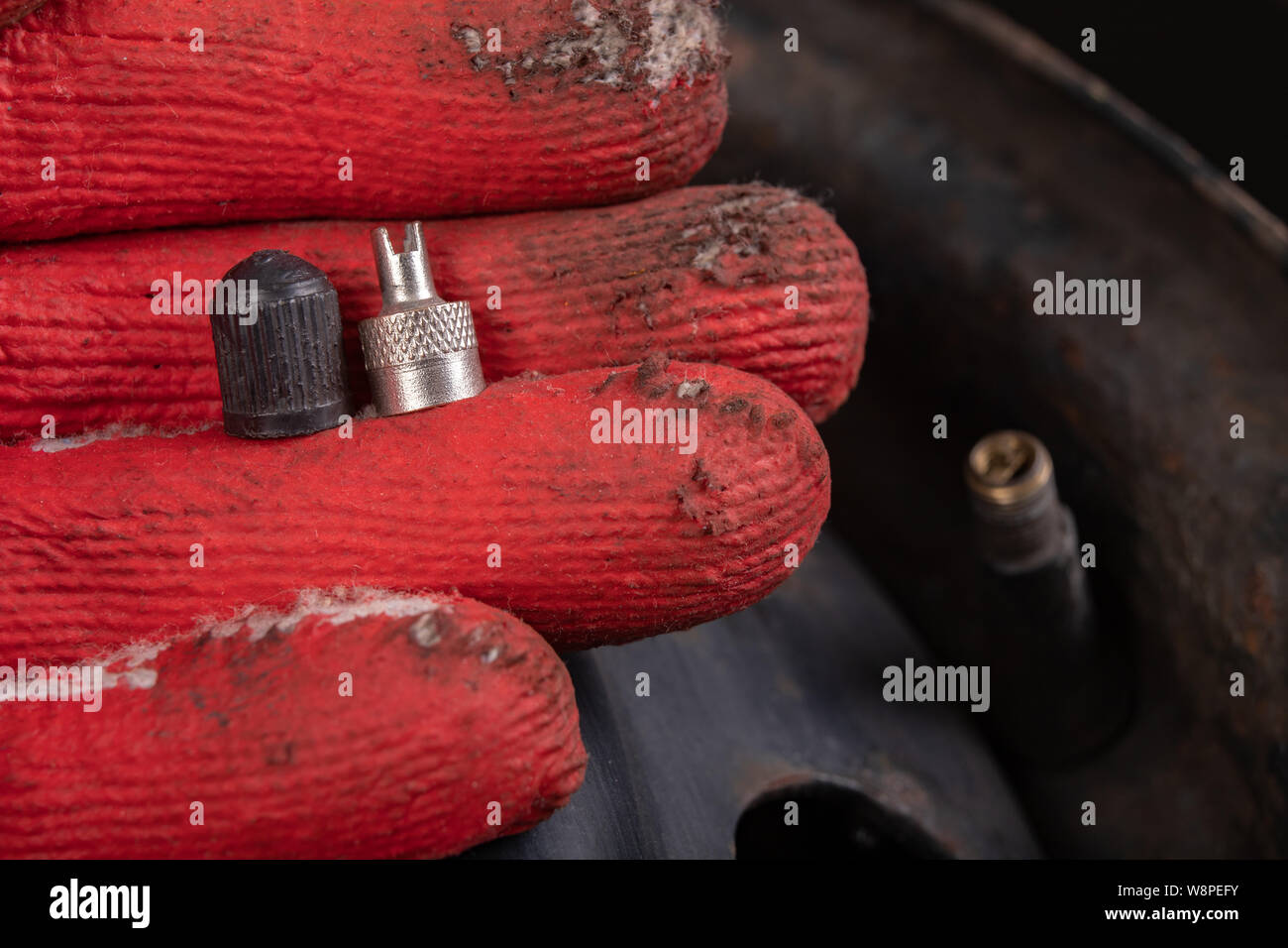 The valve in the car wheel. Replacement and service of tires in a ...