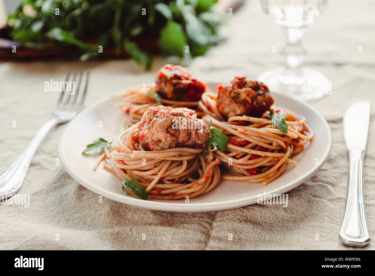 Original Italian Spaghetti With Meatballs In Tomato Sauce Stock Photo ...