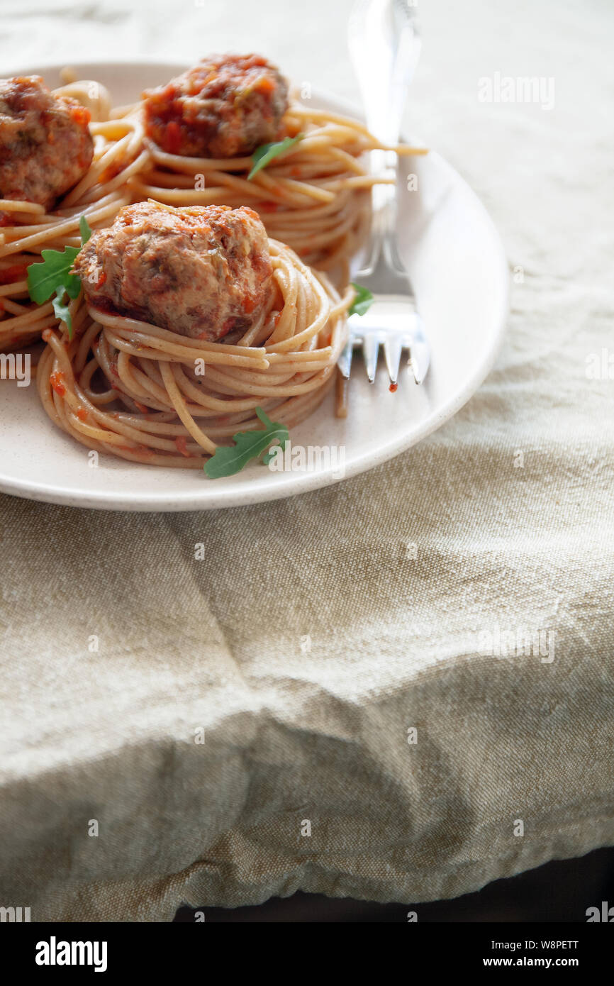 Original Italian Spaghetti With Meatballs In Tomato Sauce Stock Photo ...