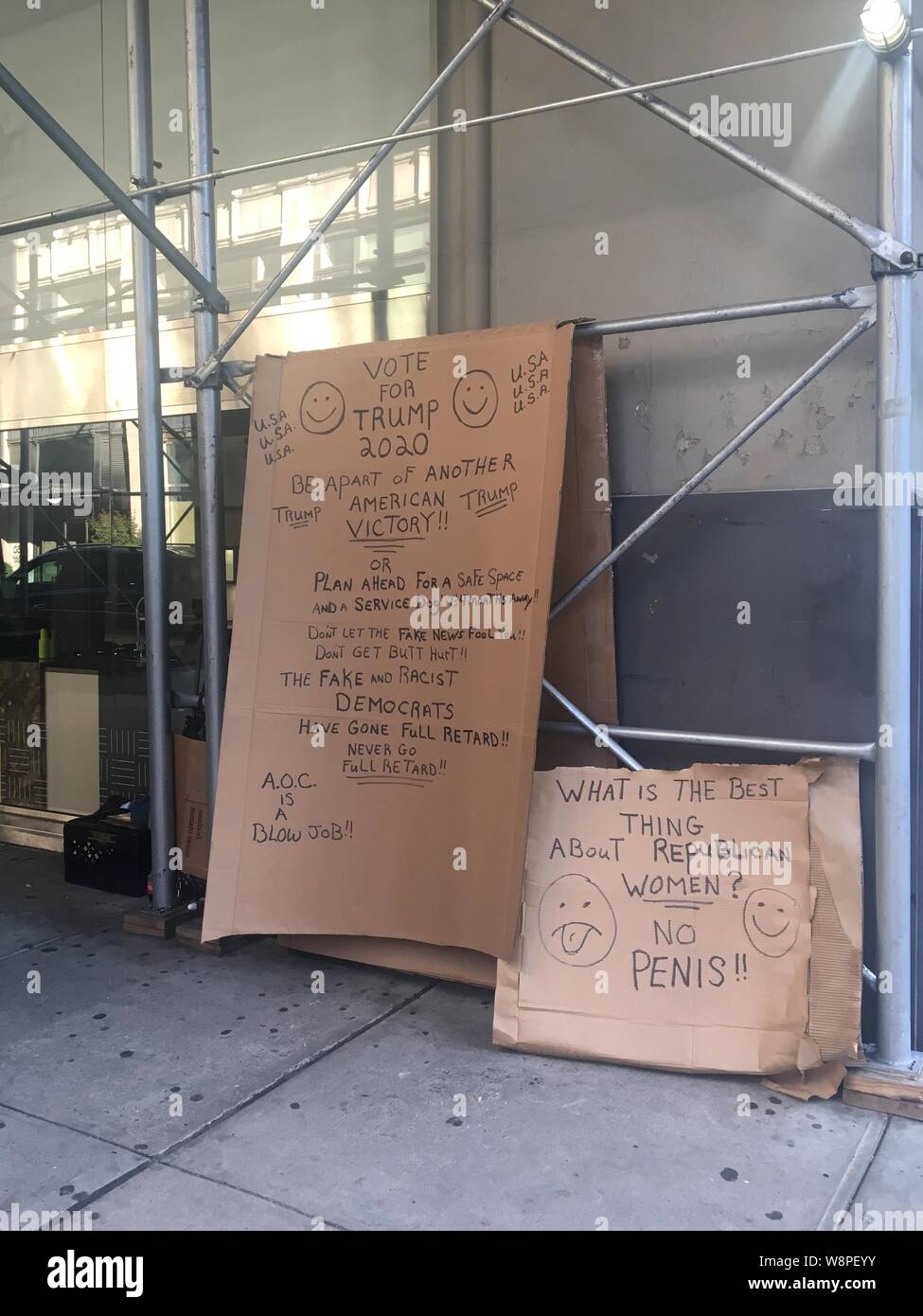 New York, NY, USA. 10th Aug, 2019. Cardboard signs from a homeless ...