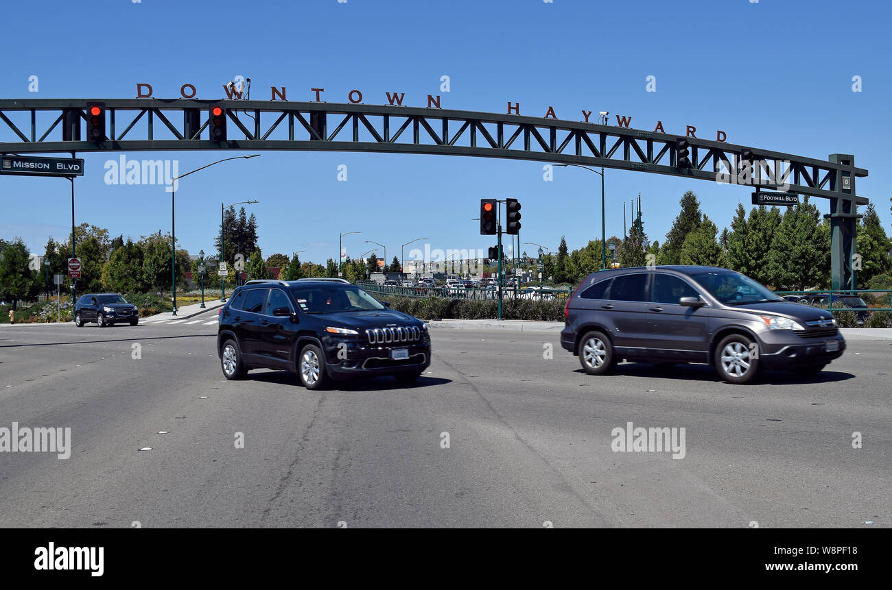 Downtown Hayward sign across Mission Boulevard, California Stock Photo ...