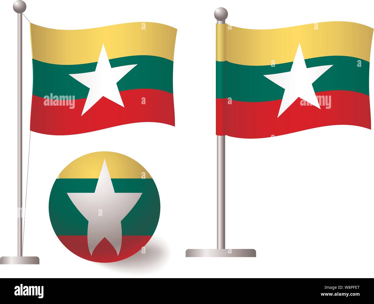 Burma flag on pole and ball. Metal flagpole. National flag of Burma ...