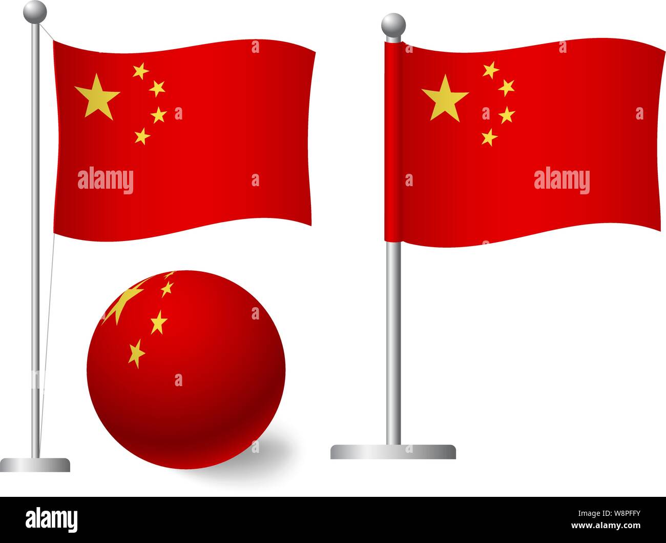 China flag on pole and ball. Metal flagpole. National flag of China ...