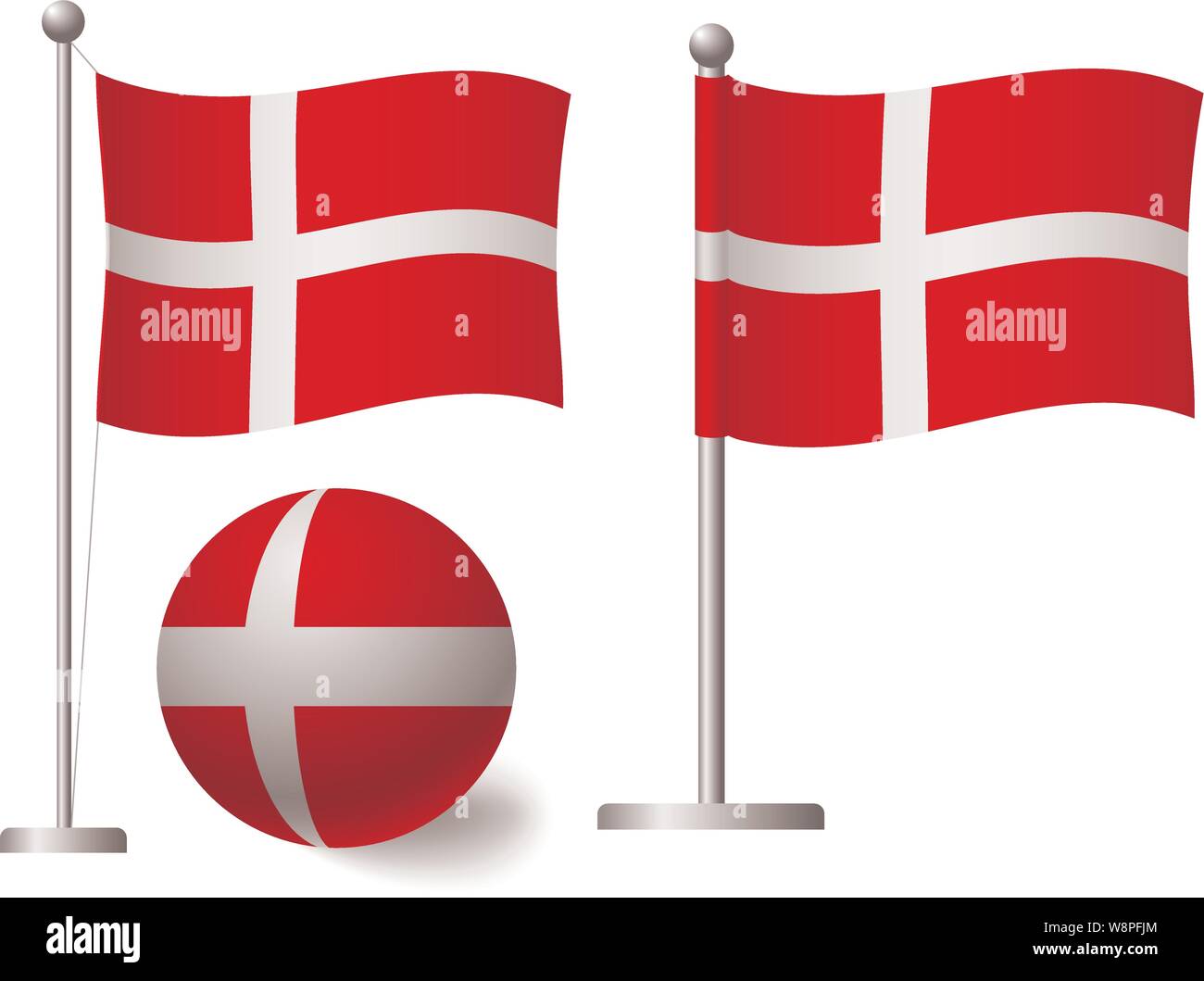 Denmark flag on pole and ball. Metal flagpole. National flag of Denmark ...