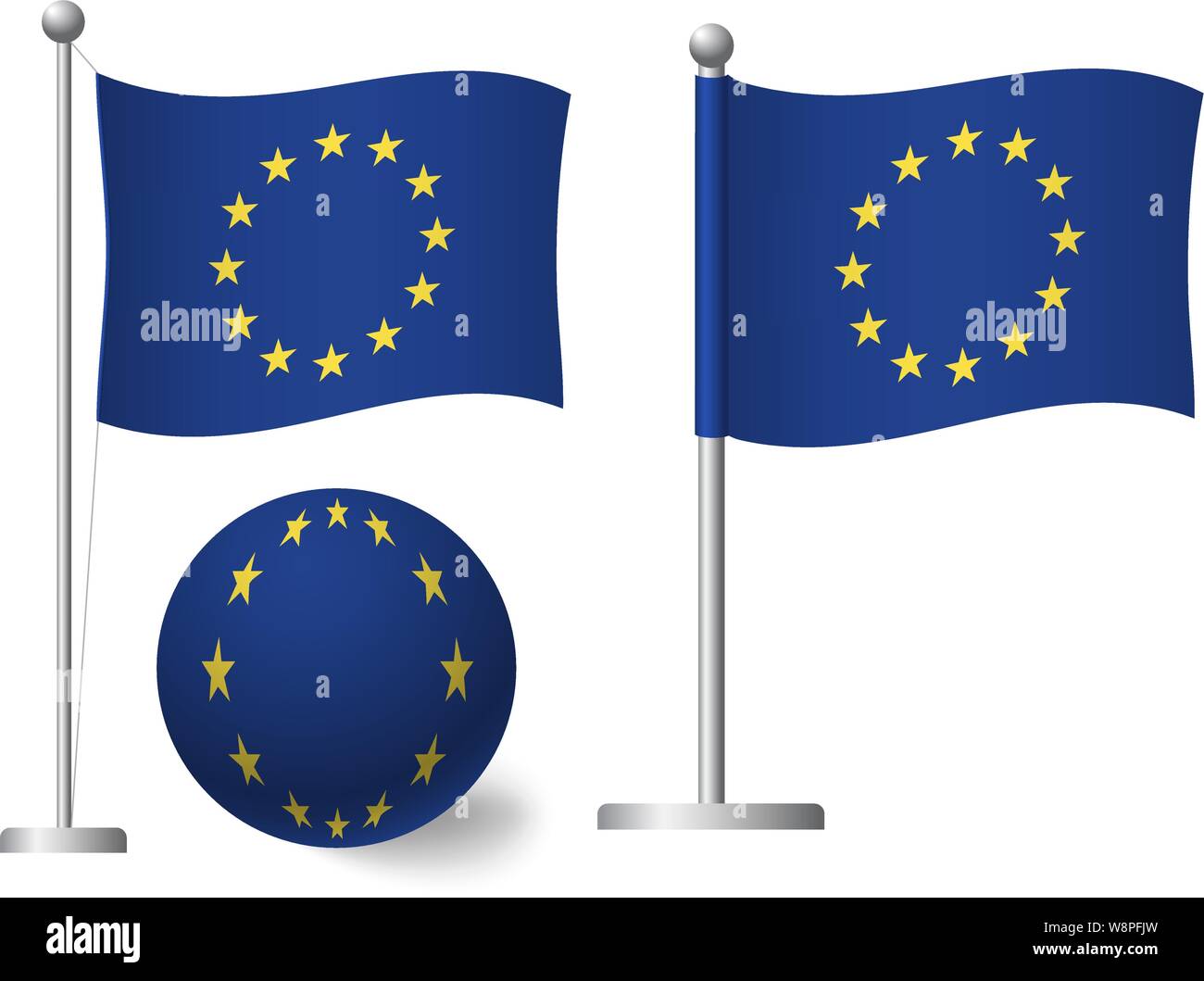 EU flag on pole and ball. Metal flagpole. Europe flag vector ...