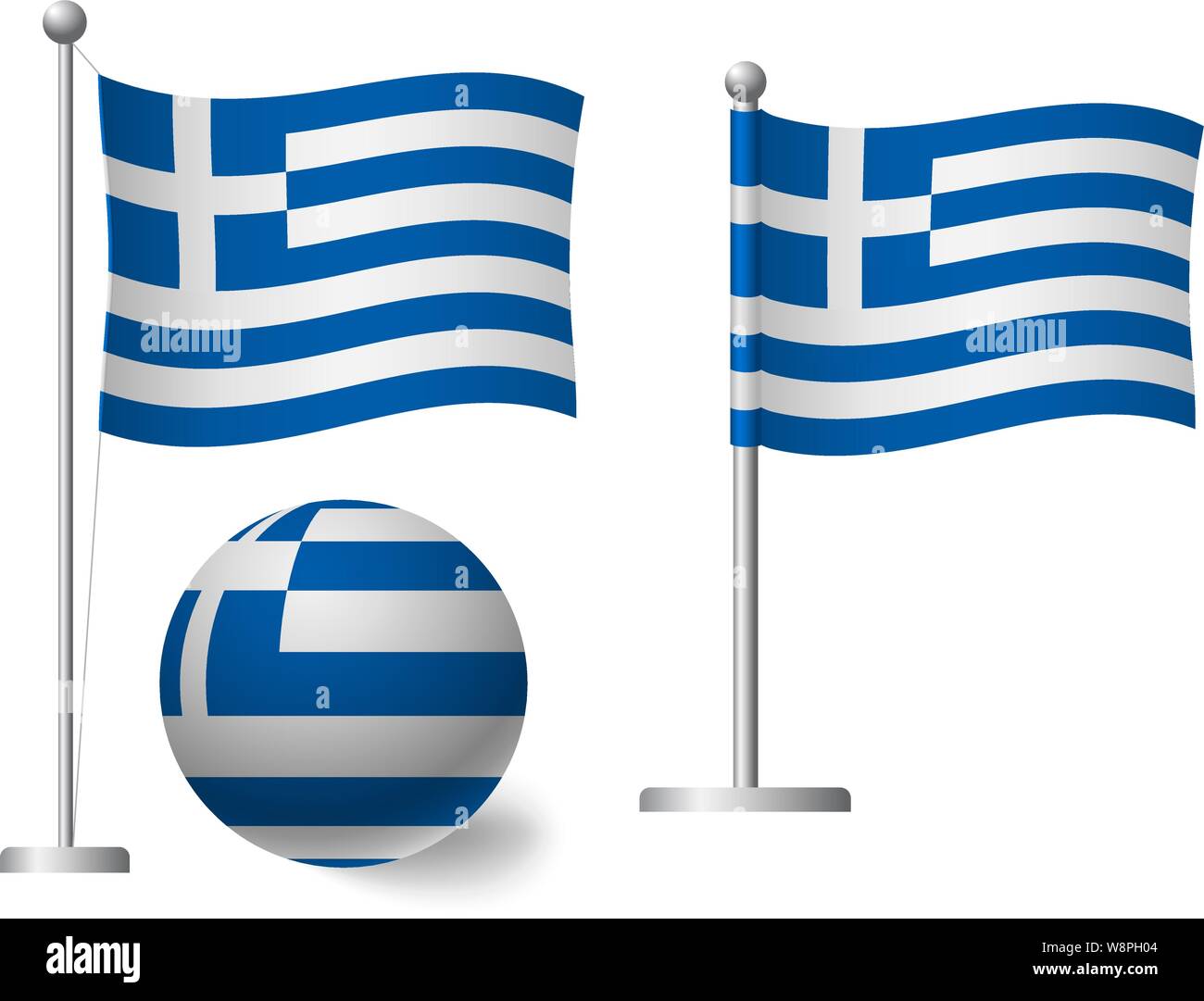 Greece flag on pole and ball. Metal flagpole. National flag of Greece ...