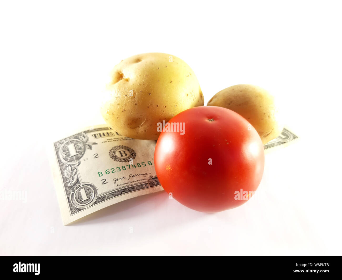 Potatoes, tomato and Dollars. Food and money. Harvest, sale, income ...