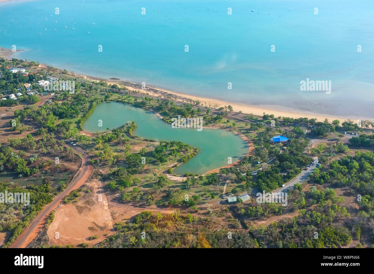 Aerial view of Alexander Lake and East Point Beach in the city of ...