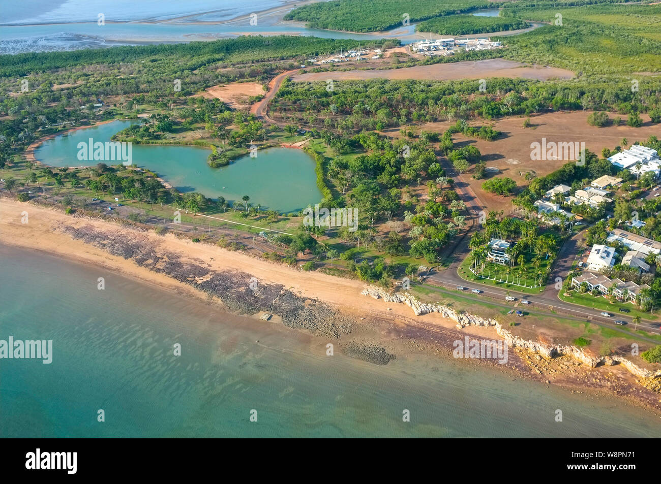 Aerial view of Alexander Lake and East Point Beach in the city of ...