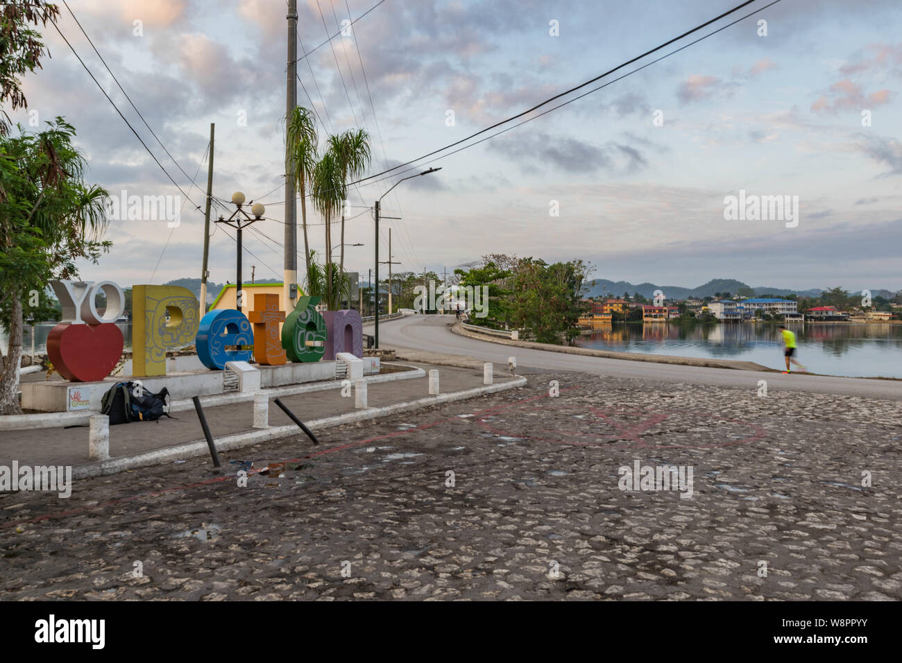 The I Love Peten sign, cobblestone street, view of the lake and a ...