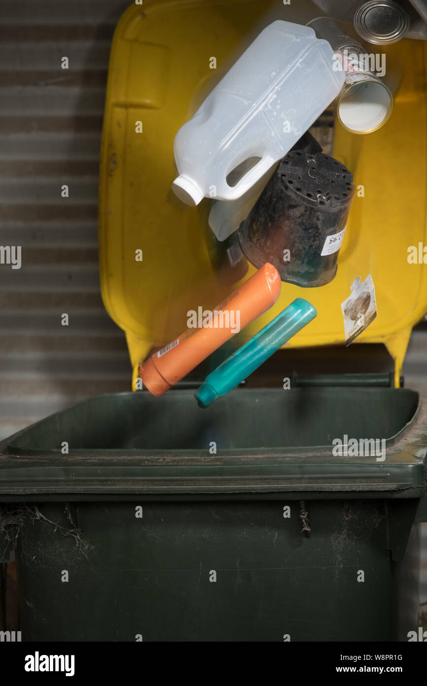 Filling the household Recycling Bin with plastic containers and empty ...