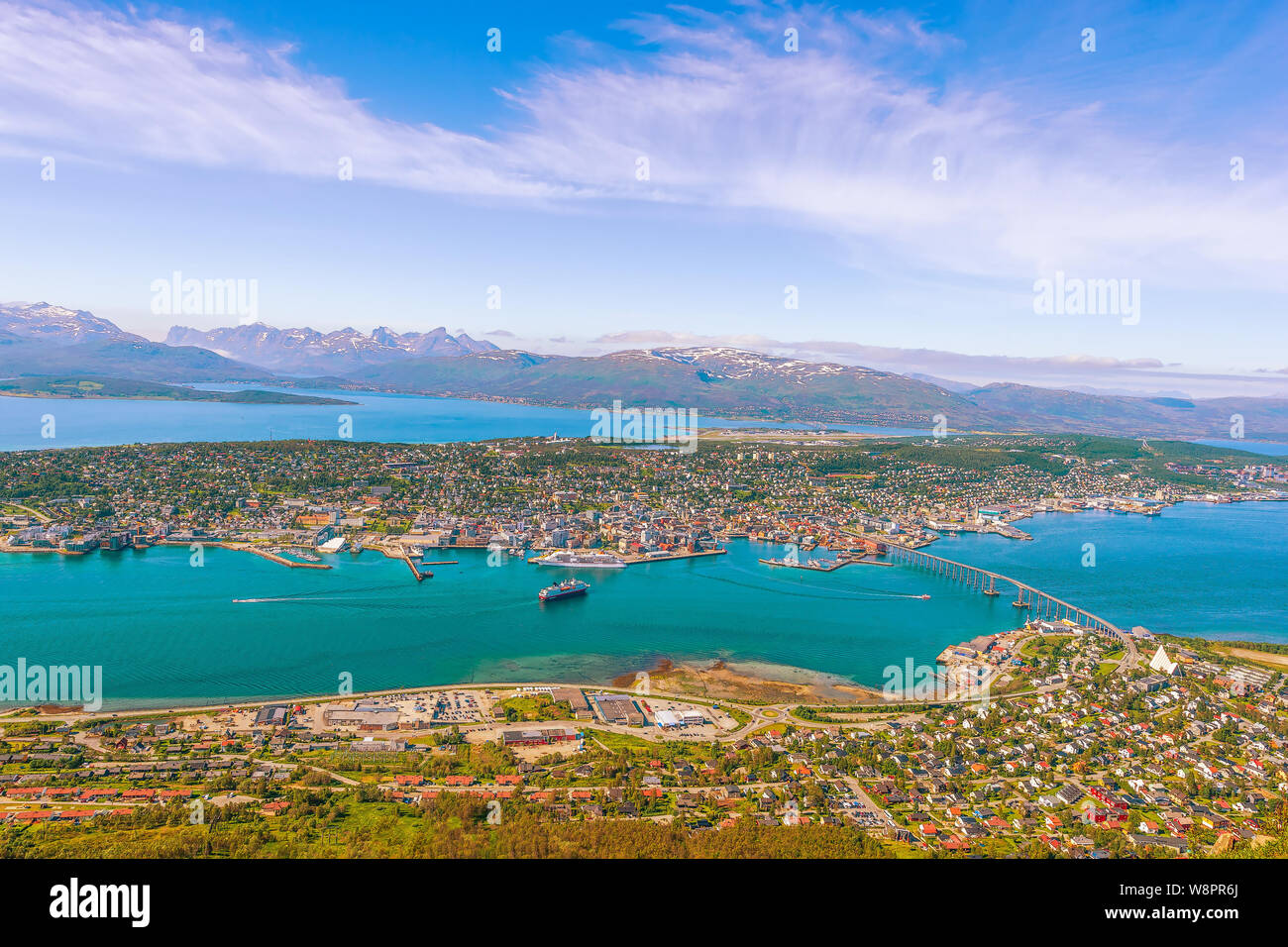 Upper view of the city of Tromso from Mount Storsteinen. Norway Stock ...