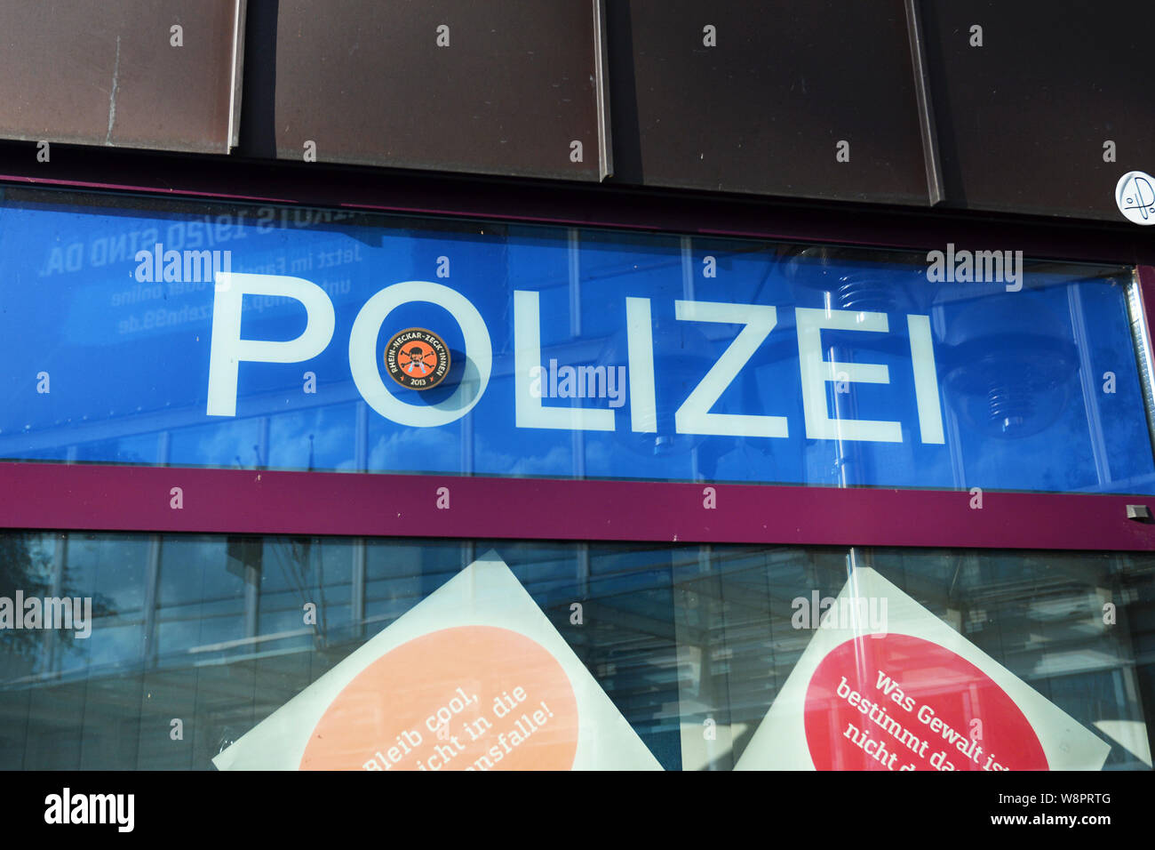 Heidelberg, Germany - August 2019: Blue sign saying 'Police' in German ...