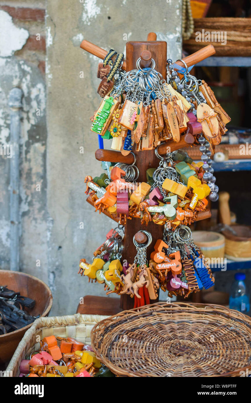 JULY 14, 2019-VIGAN PHILIPPINES : Wooden vigan key chains displayed at ... JULY 14, 2019-VIGAN PHILIPPINES : Wooden vigan key chains displayed at ...