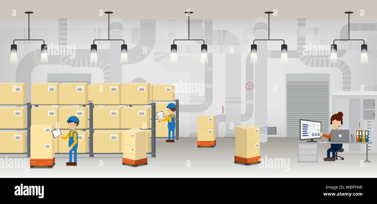 Warehouse in process with workers working flat design vector ...