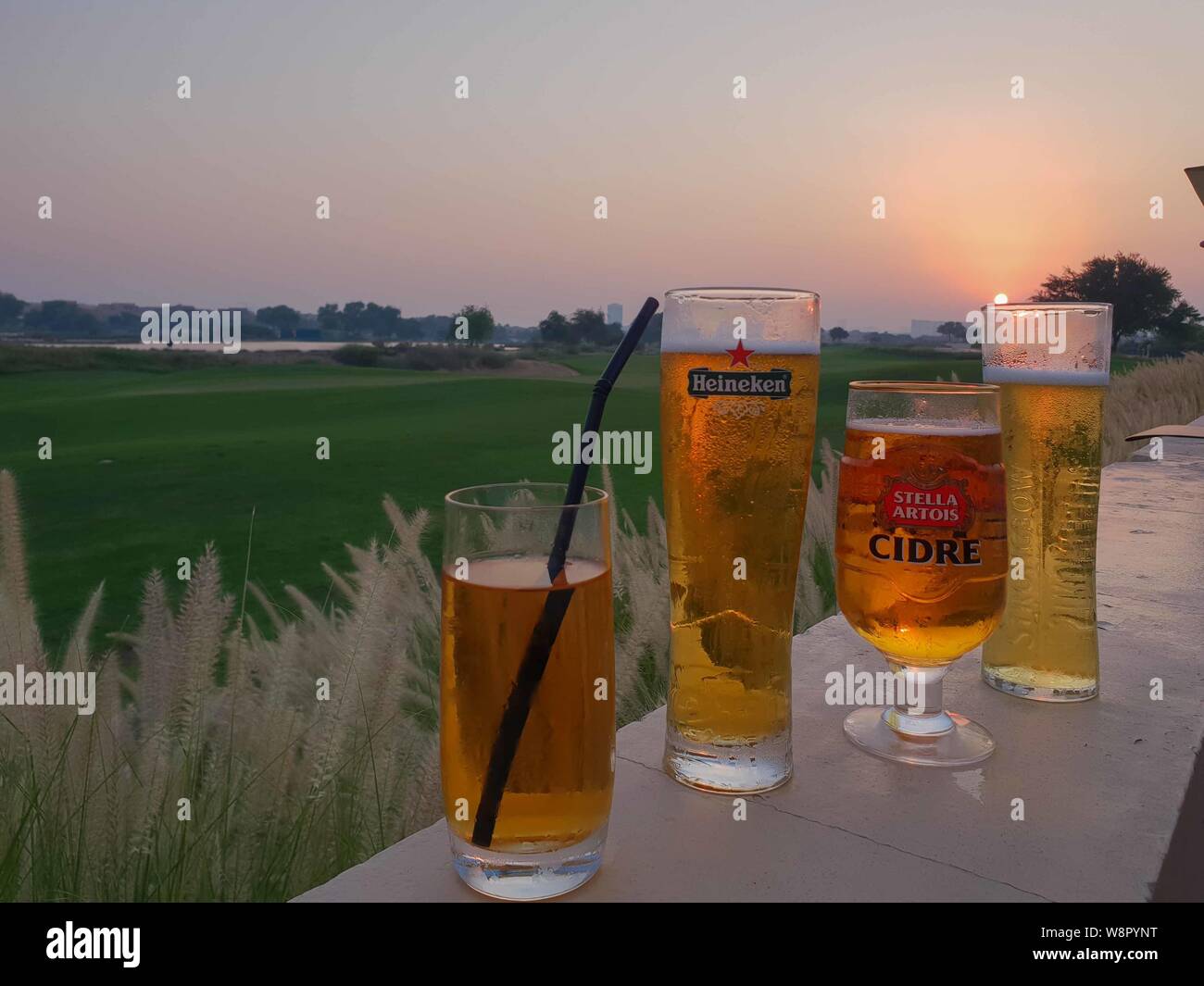 Different brand of beer arranged on a row facing a golf course at ...