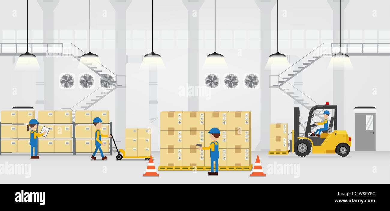 Warehouse in process with workers working flat design vector ...
