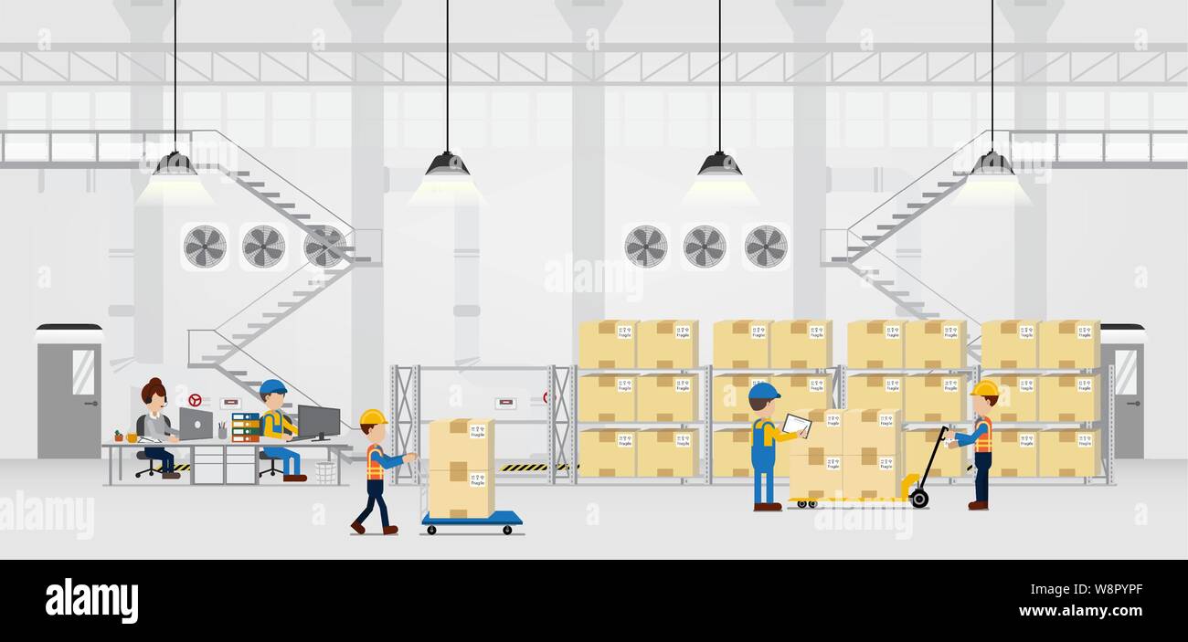 Warehouse in process with workers working flat design vector ...