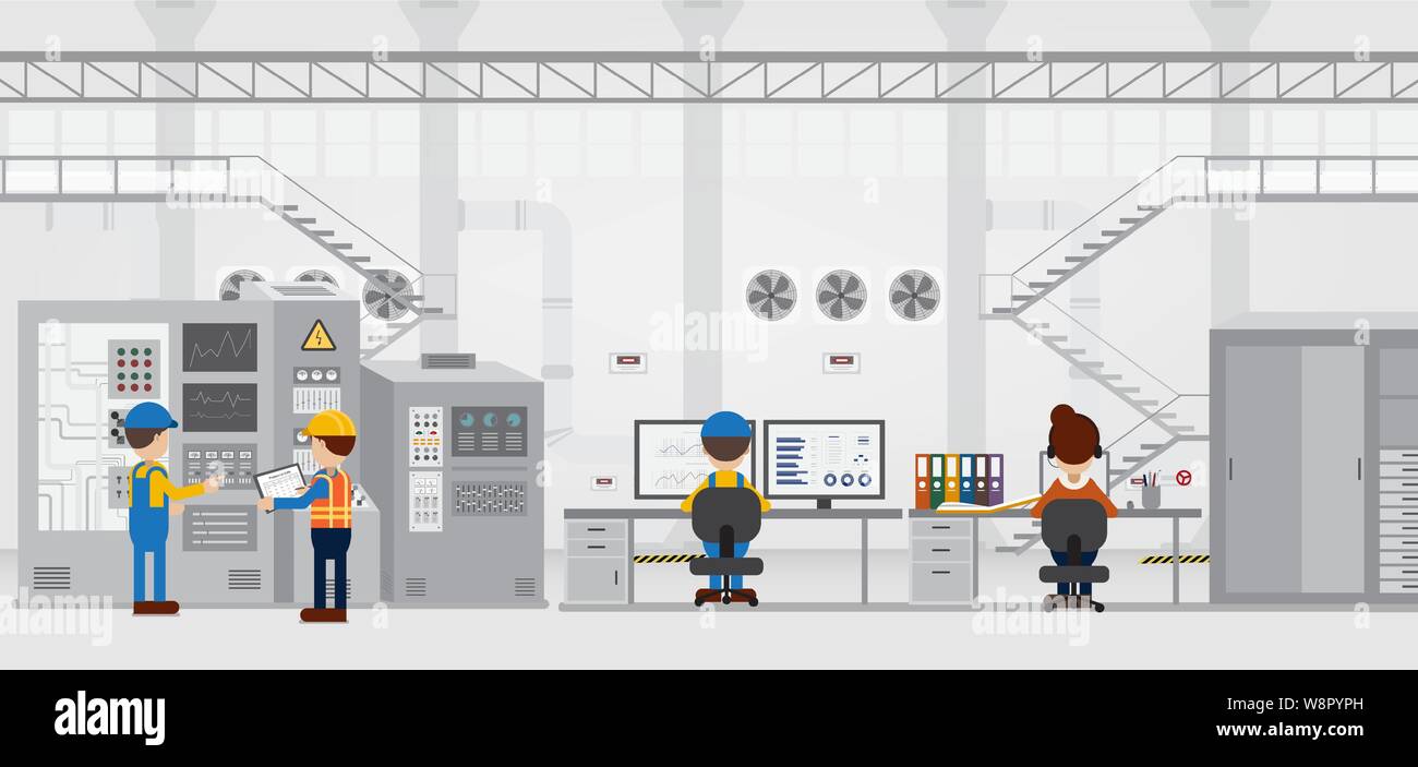 Factory in process with workers working flat design vector illustration ...