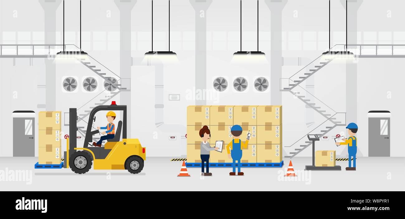 Warehouse in process with workers working flat design vector ...