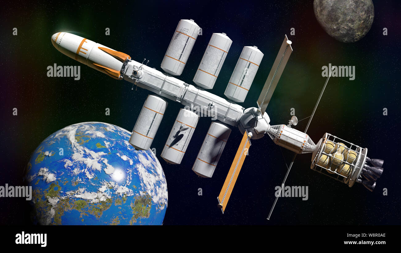 spaceship in orbit of a habitable alien world Stock Photo - Alamy