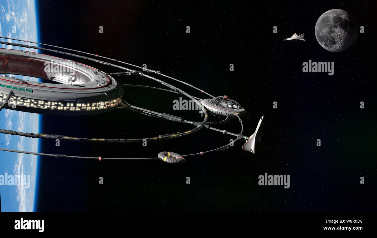 space station in orbit of planet Earth, gateway platform to the Moon ...