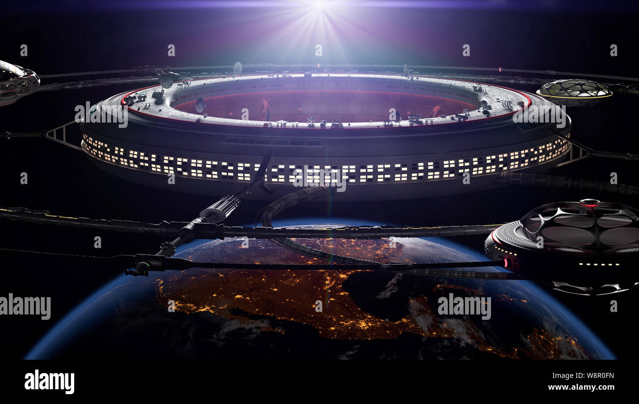 space station in orbit of planet Earth, night over North America Stock ...